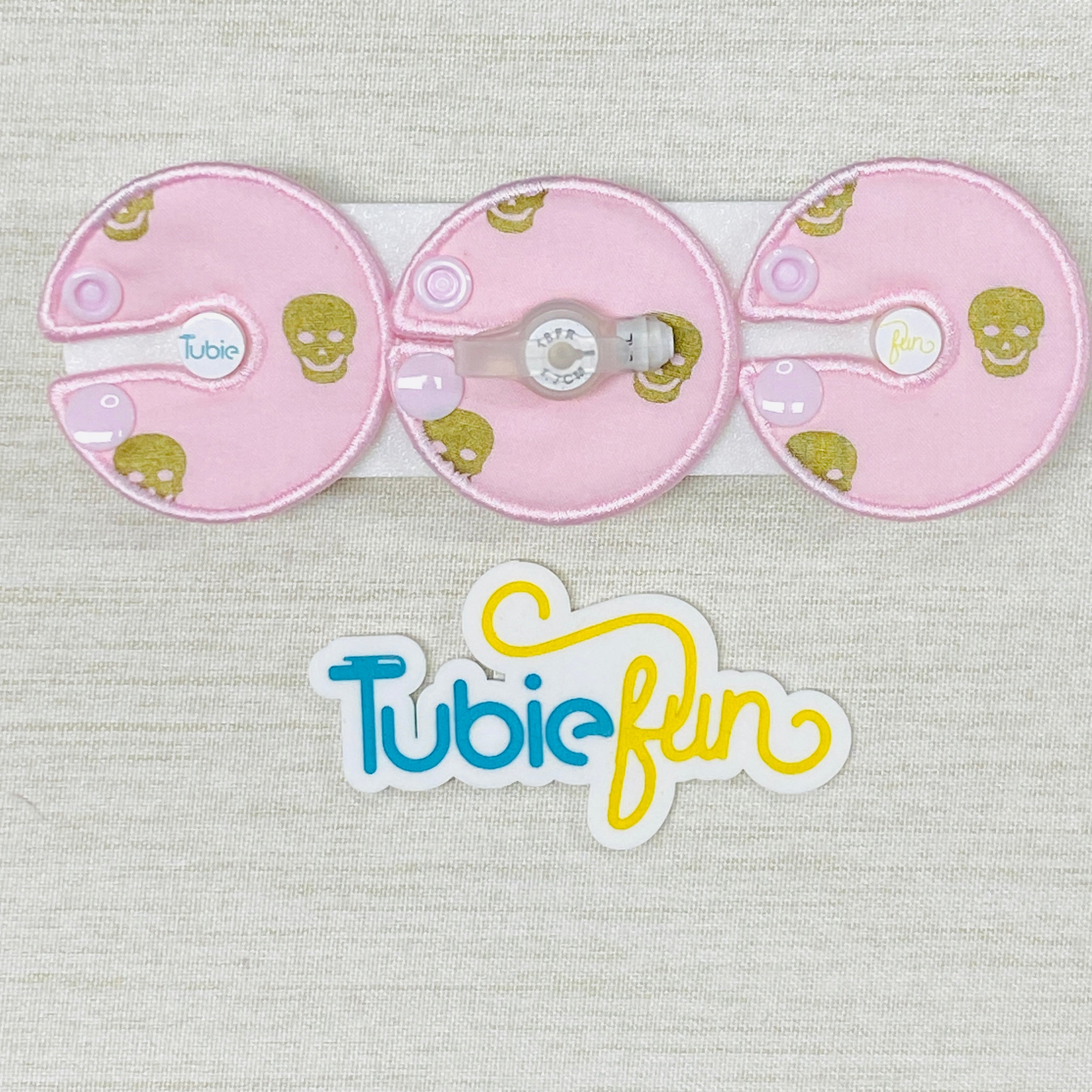 G-Tube Button Pad Cover - Gold Skulls on Pink – Tubie Fun